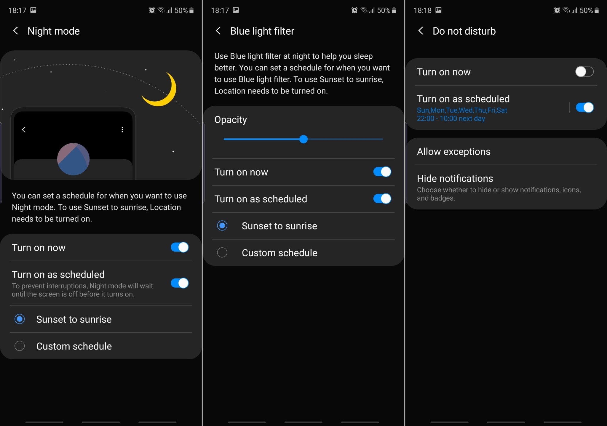 How to automate Blue light filter, Night mode, DND using Samsung One UI ...