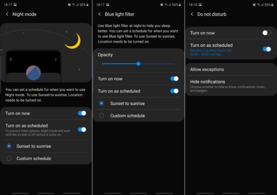 How to automate Blue light filter, Night mode, DND using Samsung One UI ...